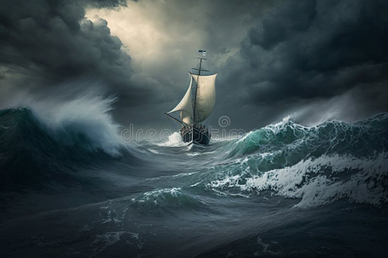 Sailing Ship in a Giant Storm with Crashing Waves. Sailing Boat Inside ...