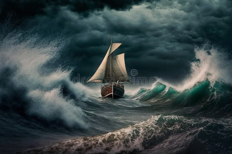 Sailing Ship in a Giant Storm with Crashing Waves. Sailing Boat Inside ...