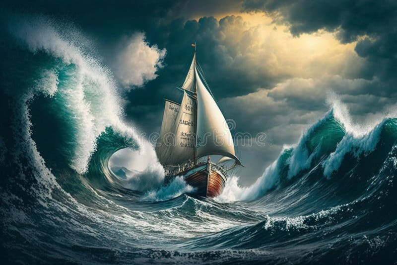 Sailing Ship in a Giant Storm with Crashing Waves. Sailing Boat Inside ...