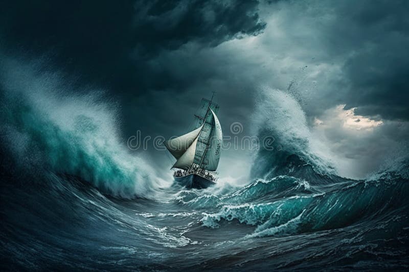 Sailing Ship in a Giant Storm with Crashing Waves. Sailing Boat Inside ...