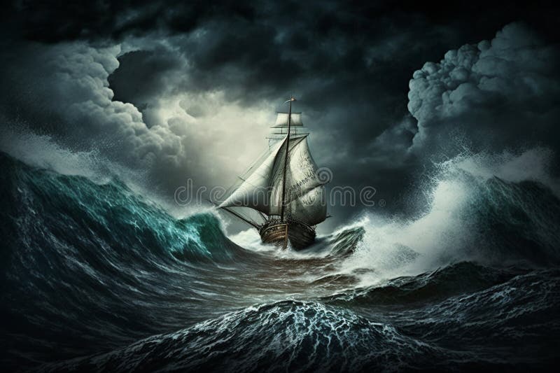 Sailing Ship in a Giant Storm with Crashing Waves. Sailing Boat Inside ...