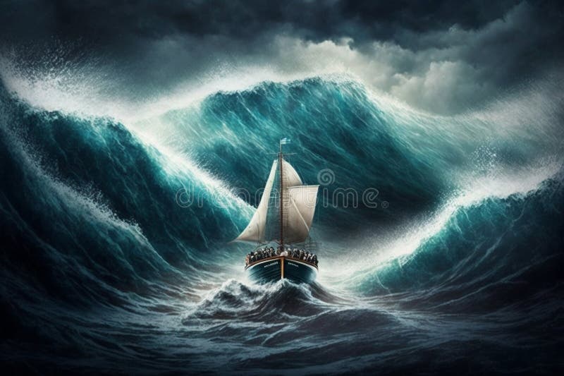 Sailing Ship in a Giant Storm with Crashing Waves. Sailing Boat Inside ...