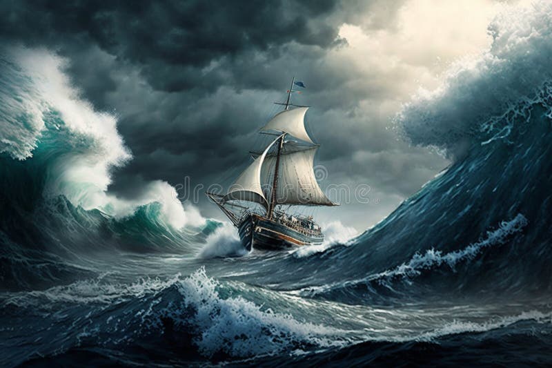 Sailing Ship in a Giant Storm with Crashing Waves. Sailing Boat Inside ...