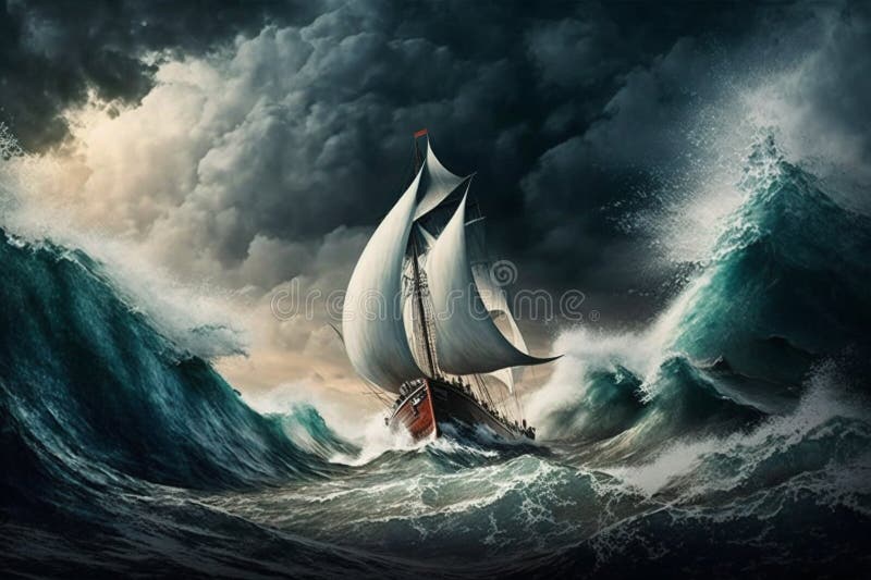 Sailing Ship in a Giant Storm with Crashing Waves. Sailing Boat Inside ...