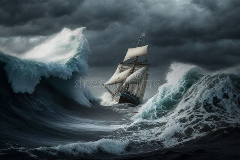 Sailing Ship in a Giant Storm with Crashing Waves. Sailing Boat Inside ...