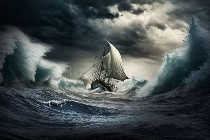 Sailing Ship in a Giant Storm with Crashing Waves. Sailing Boat Inside ...