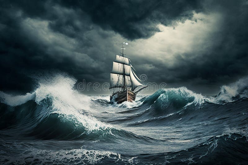 Sailing Ship in a Giant Storm with Crashing Waves. Sailing Boat Inside ...