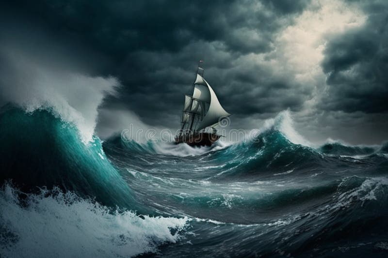 Sailing Ship in a Giant Storm with Crashing Waves. Sailing Boat Inside ...