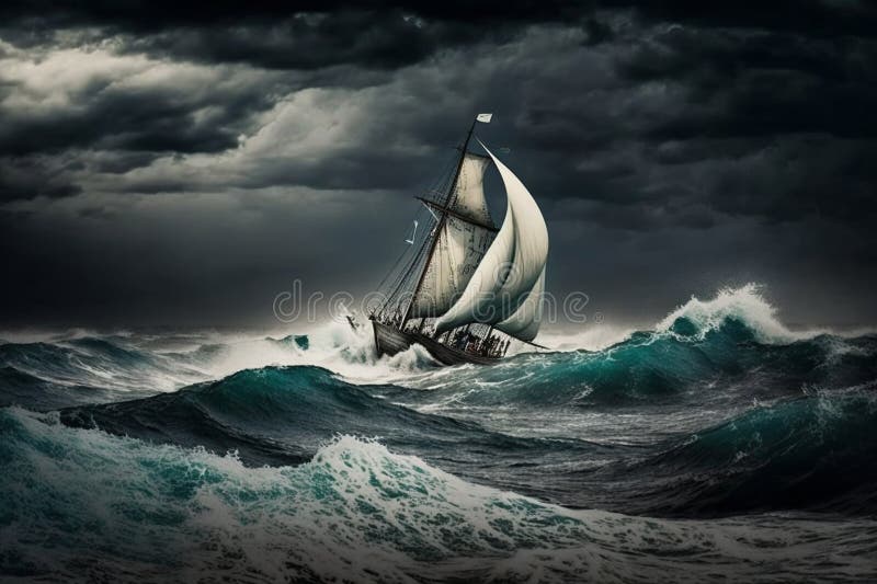 Sailing Ship in a Giant Storm with Crashing Waves. Sailing Boat Inside ...