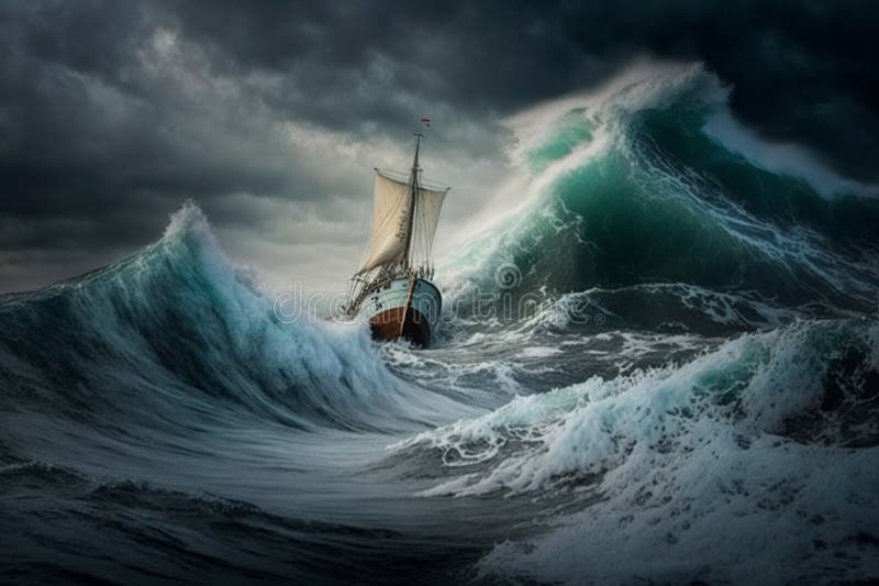 Sailing Ship in a Giant Storm with Crashing Waves. Sailing Boat Inside ...