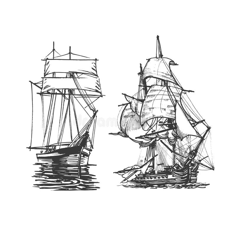 Sailing Ship, Graphic Hand Drawing. Sea or River Transport, an Isolated ...