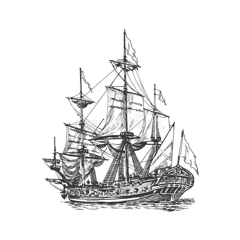 Sailing Ship, Graphic Hand Drawing. Sea or River Transport, an Isolated ...