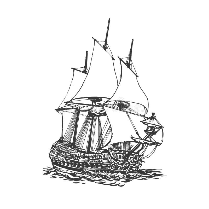 Sailing Ship, Graphic Hand Drawing. Sea or River Transport, an Isolated ...