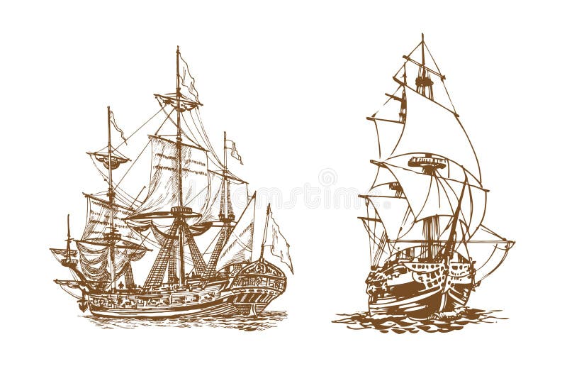 Sailing Ship, Graphic Hand Drawing. Sea or River Transport, an Isolated ...