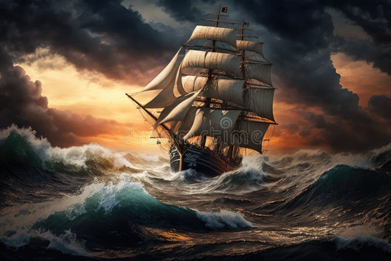 Sailing Ship on High Waves Against Backdrop of Sunset Sailing in a ...