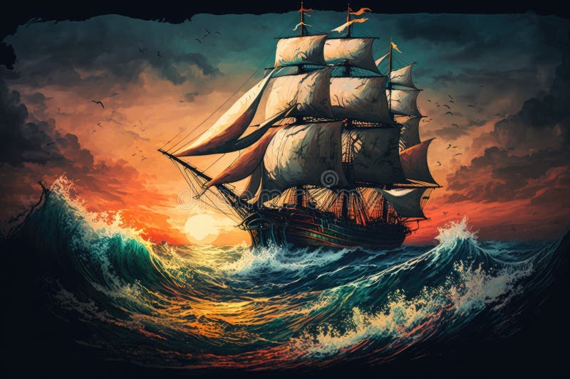 Sailing Ship on High Waves Against Backdrop of Sunset Sailing in a ...