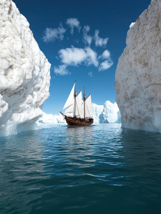 Sailing Ship between Icebergs in Arctic Waters Stock Illustration ...