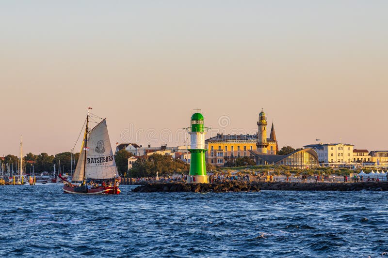 Sailing Ship and Lighthouse on the Baltic Sea in Warnemuende, Germany ...