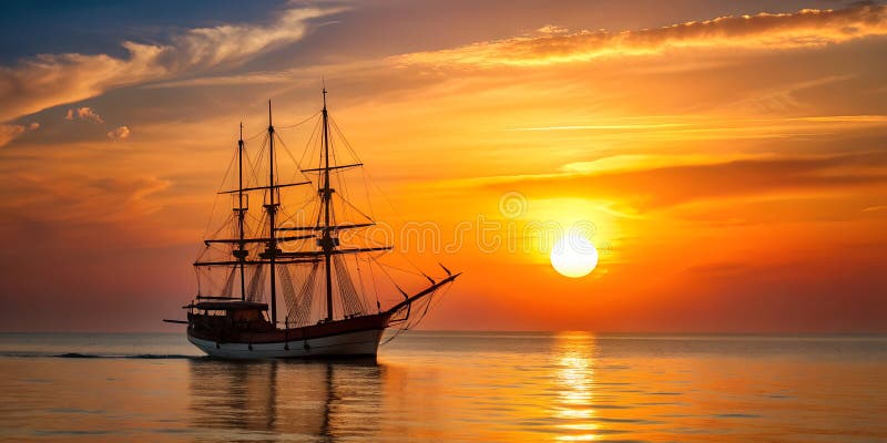 Sailing Ship with Lowered Sails in the Sunset with Huge Sun in the ...