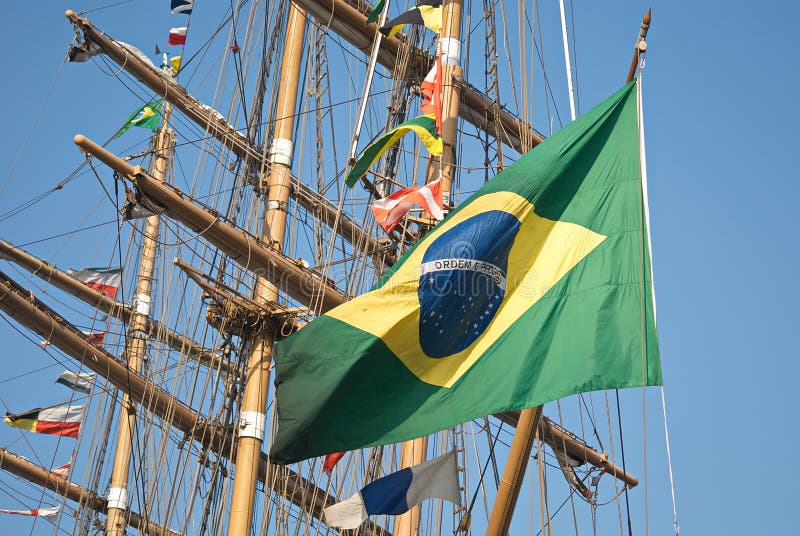 Sailing Ship with Many Little Flags and Big Brazilian Flag Stock Photo ...