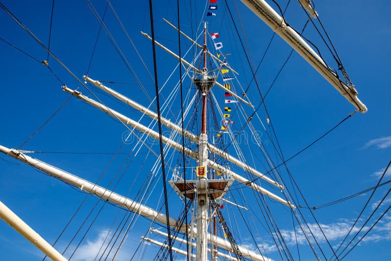 Sailing Ship Mast with Rigging and Cables Against the Sky. Stock Photo ...