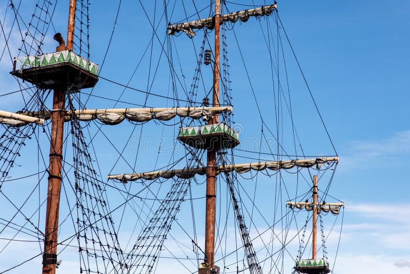 Sailing Ship Mast with Rigging and Cables Against the Sky. Stock Image ...