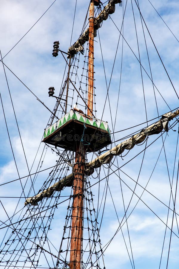 Sailing Ship Mast with Rigging and Cables Against the Sky. Stock Image ...