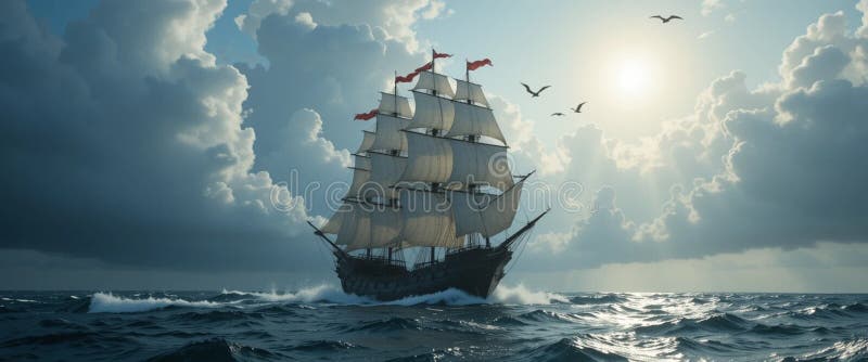 A Sailing Ship in the Middle of the Ocean Generated Stock Illustration ...