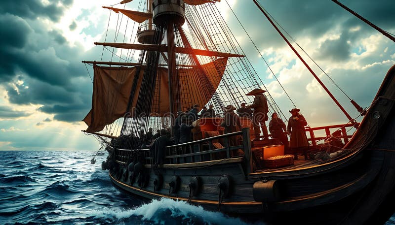 Sailing Ship Navigating the Open Ocean with Sailors and Dramatic Sky ...