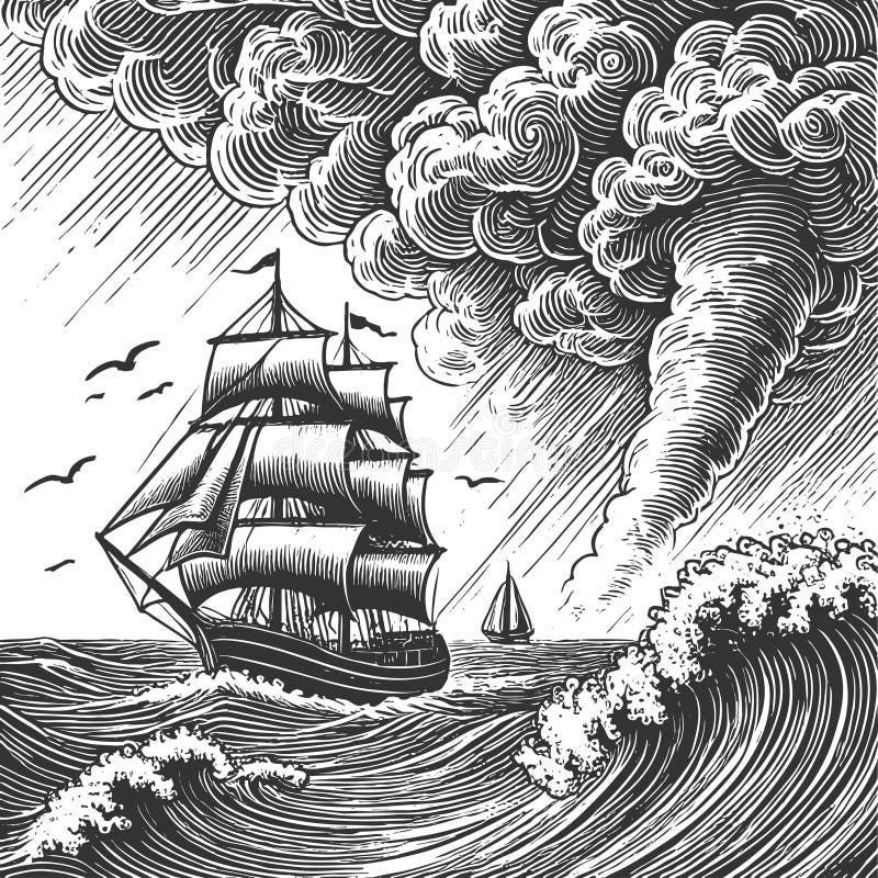 Sailing Ship Stormy Seas Engraving Raster Stock Photos - Free & Royalty ...