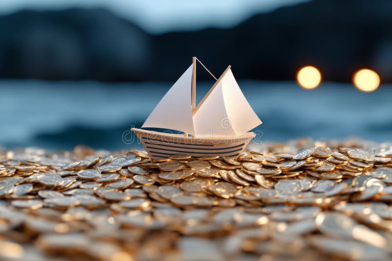 Sailing Ship Navigating a Sea of Golden Coins Stock Photo - Image of ...
