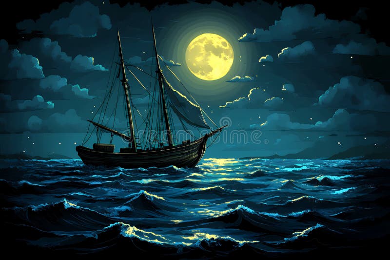 Sailing Ship at Night Ocean Scene Full Moon Dark Water Waves Stock ...