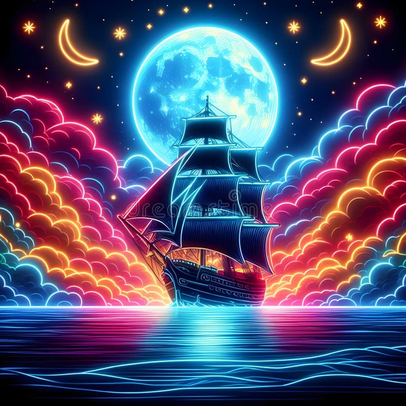 Sailing Ship in the Night Sky with Clouds. Neon Light Art Stock ...
