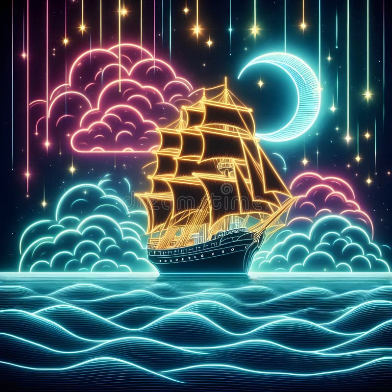 Sailing Ship in the Night Sky with Clouds. Neon Light Art Stock ...