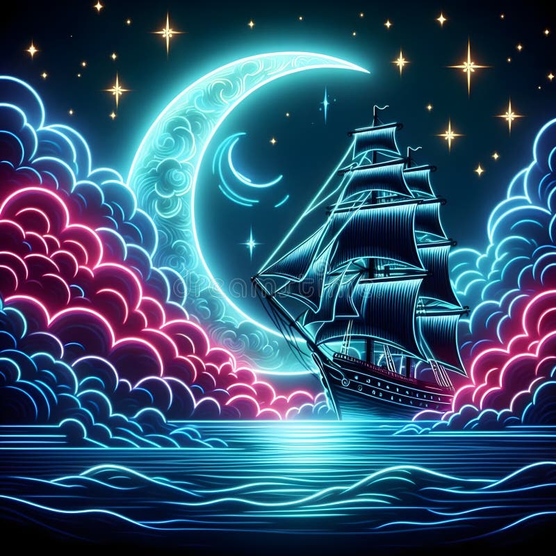 Sailing Ship in the Night Sky with Clouds. Neon Light Art Stock ...