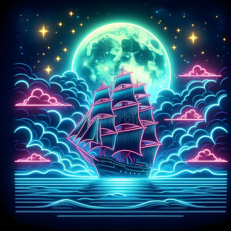 Sailing Ship in the Night Sky with Clouds. Neon Light Art Stock ...