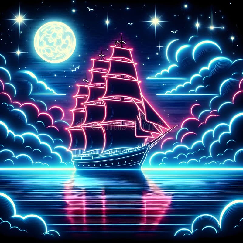 Sailing Ship in the Night Sky with Clouds. Neon Light Art Stock ...