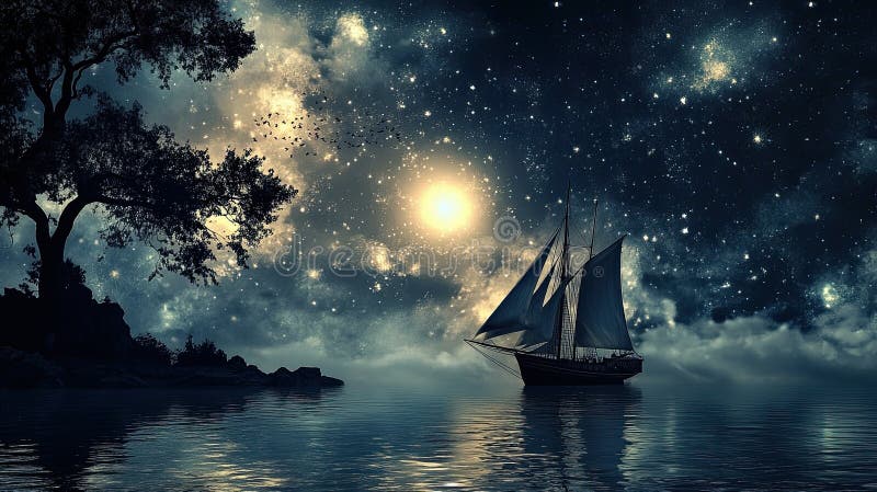 Sailing Ship at Night Under a Starlit Sky Stock Illustration ...