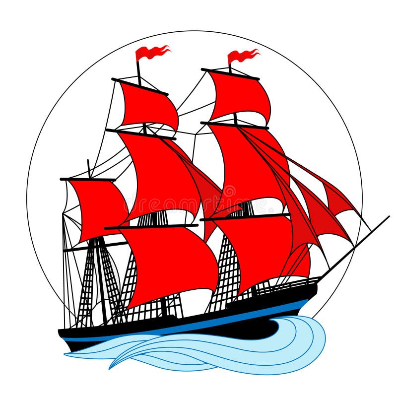 Sailing Ship with Red Sails in a Circle Stock Vector - Illustration of ...