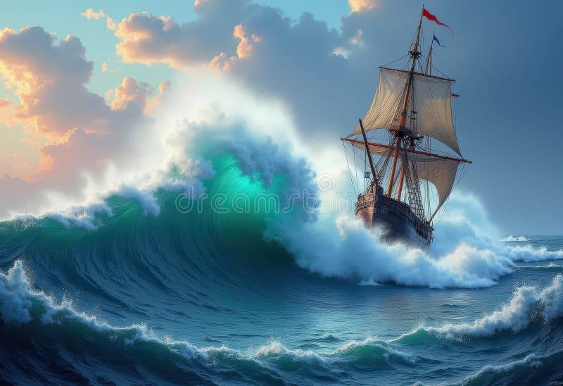 A Sailing Ship is Riding a Wave, AI-generated Stock Illustration ...