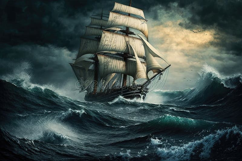 Sailing Ship in Rough Sea with Waves Sailing in a Storm Stock ...