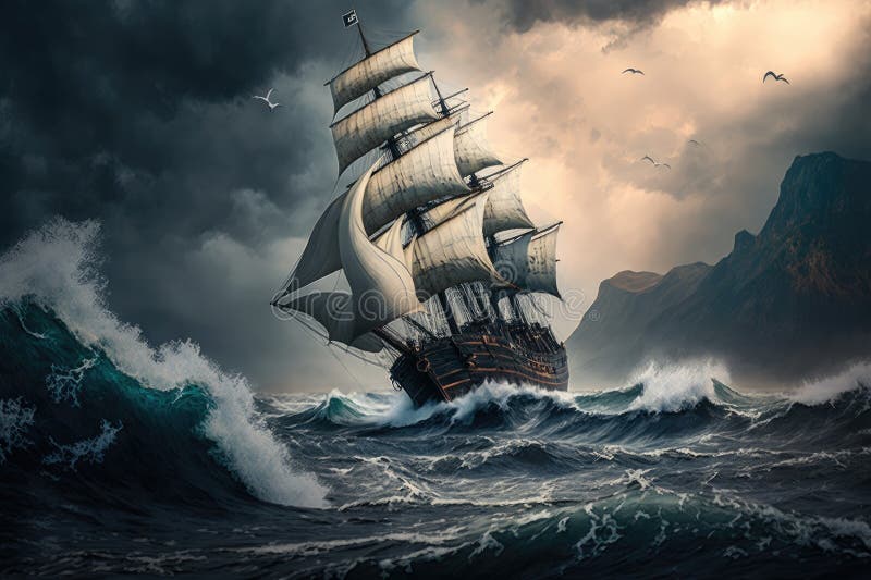 Sailing Ship in Rough Sea with Waves Sailing in a Storm Stock ...
