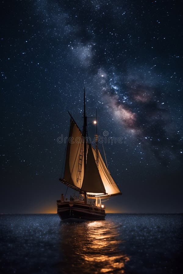 Sailing Ship in the Sea Against the Background of the Starry Sky. AI ...