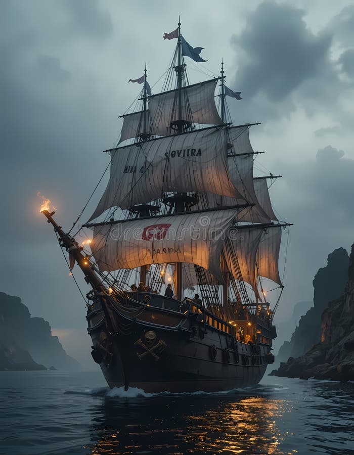 Sailing Ship in the Sea, 3d Render. Fantasy Illustration Stock ...