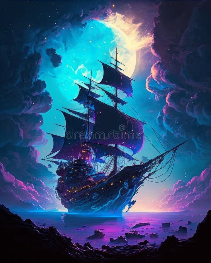 Sailing Ship in the Sea with Full Moon. Fantasy Illustration Stock ...