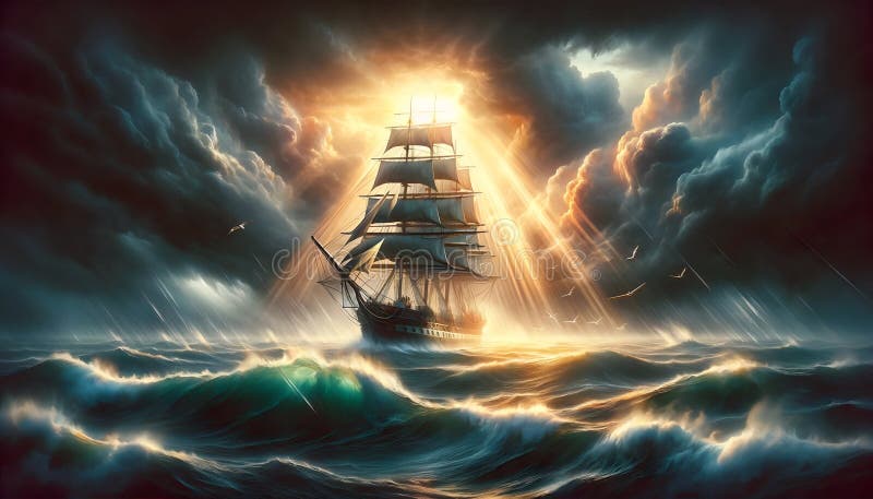 A Sailing Ship at Sea Under Storm Clouds and Sun Light Stock ...