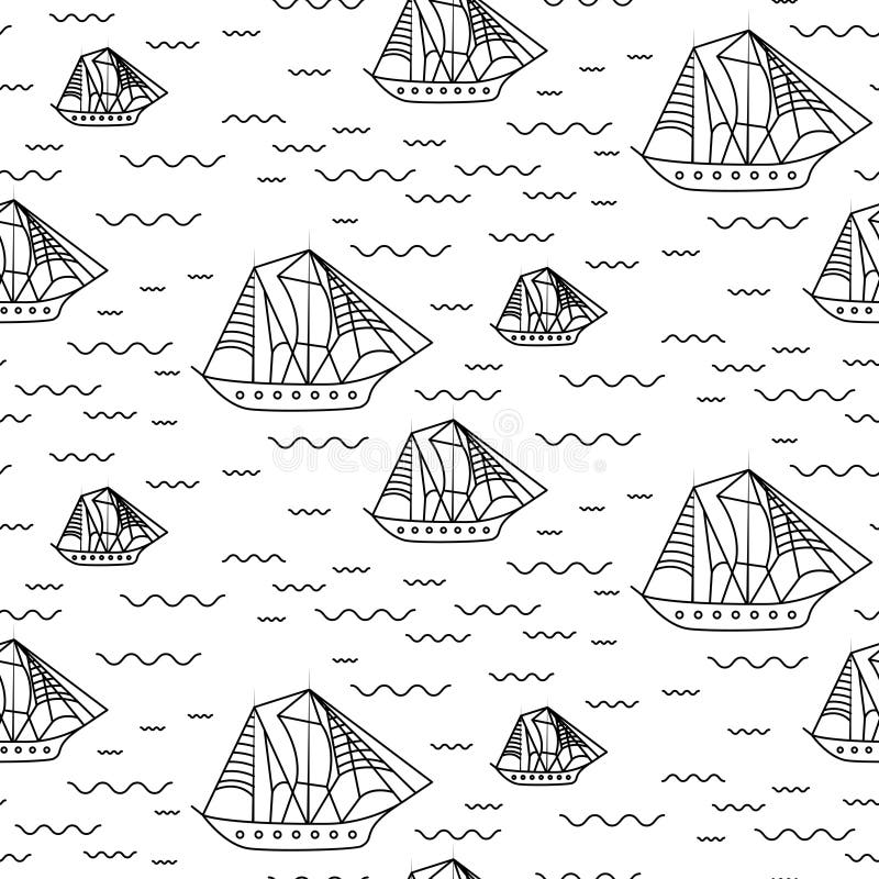 Sailing Ship Seamless Outline Vector Pattern in Doodle Style. Stock ...