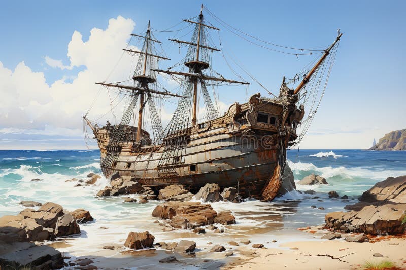 Sailing Ship on the Seashore, Panoramic View Generative AI Generative ...