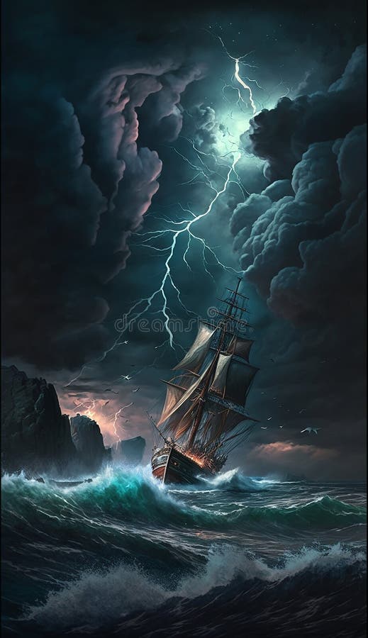 Sailing Ship in a Storm Off the Coast. Stock Illustration ...