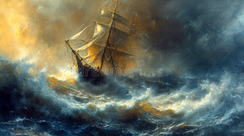 Sailing Ship in a Storm Painting Stock Illustration - Illustration of ...